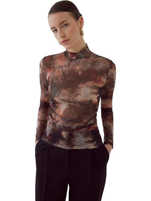 EXQUISE Exquise Tulle Knit Mock Neck Long Sleeve Blouse